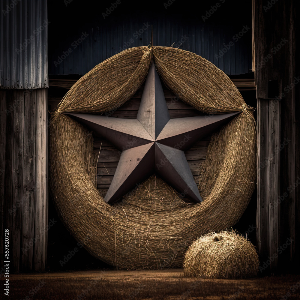 Huge Texas Star Surrounded by Hay with a Wooden/Metal Barn Background ...