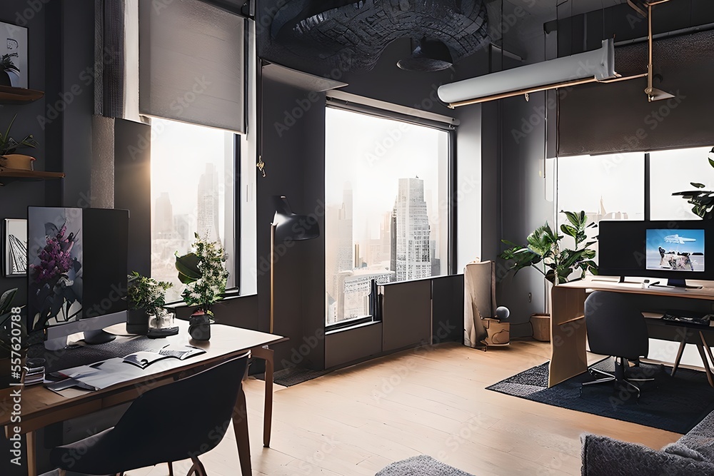 Cozy, Modern home office workplace with computer and desk, wooden floor ...