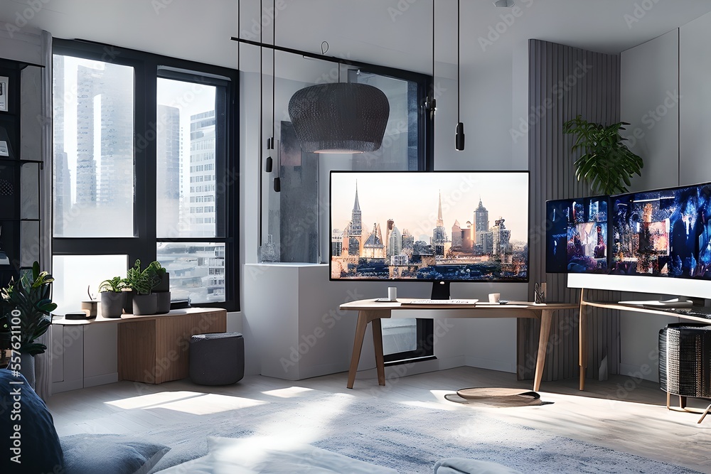 Cozy, Modern home office workplace with computer and desk, wooden floor ...