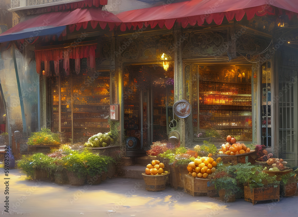 The exterior of an old fashioned fruit and vegetables store with fruit ...