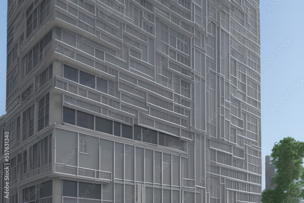 elevation of building, metallic exoskeleton on side of the building ...