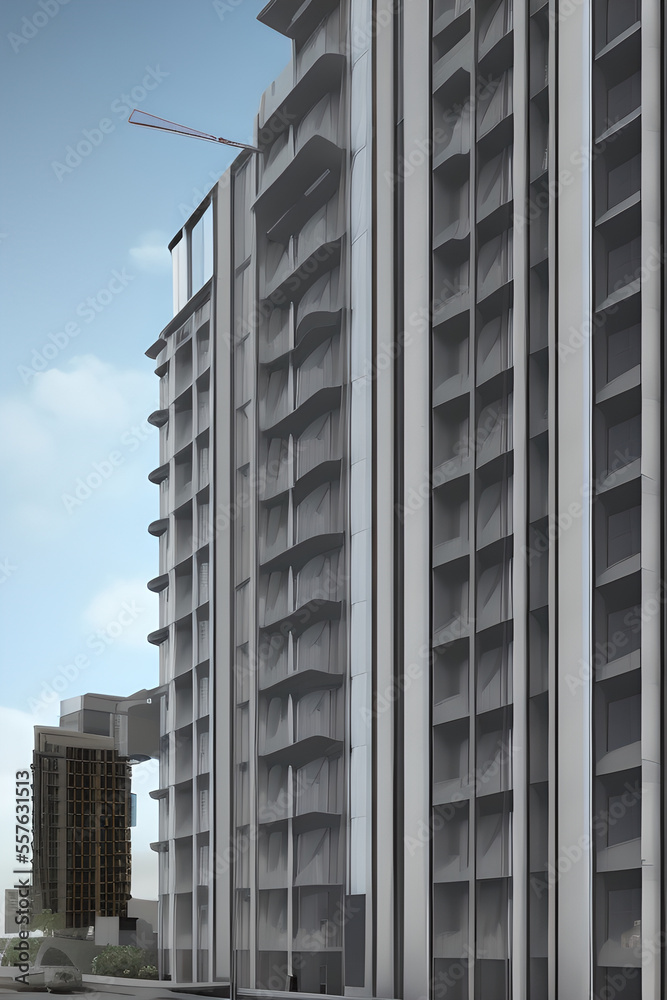 elevation of building, metallic exoskeleton on side of the building ...