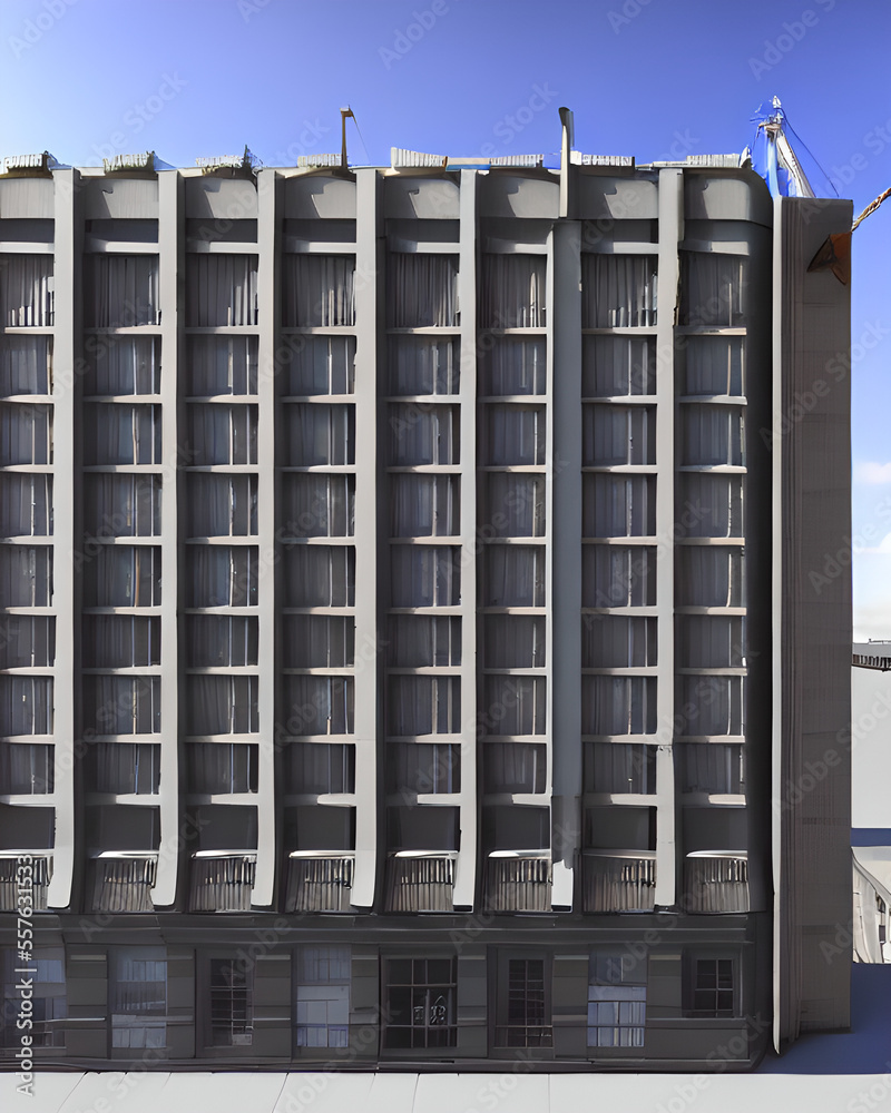 elevation of building, metallic exoskeleton on side of the building ...