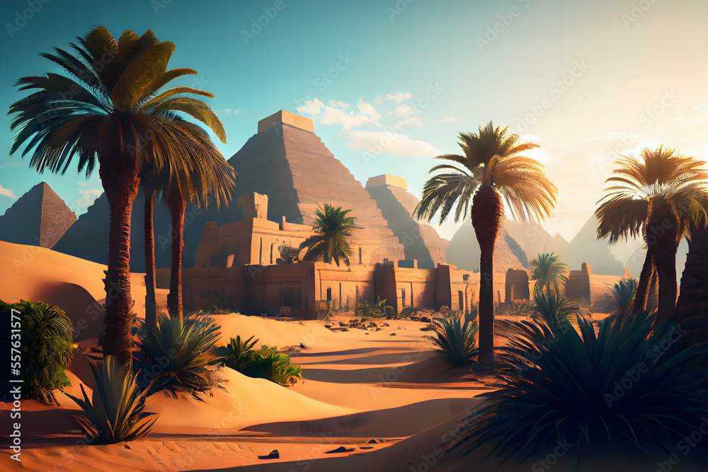 Ancient Egypt, pyramids, palm trees, golden city, oasis in the desert ...