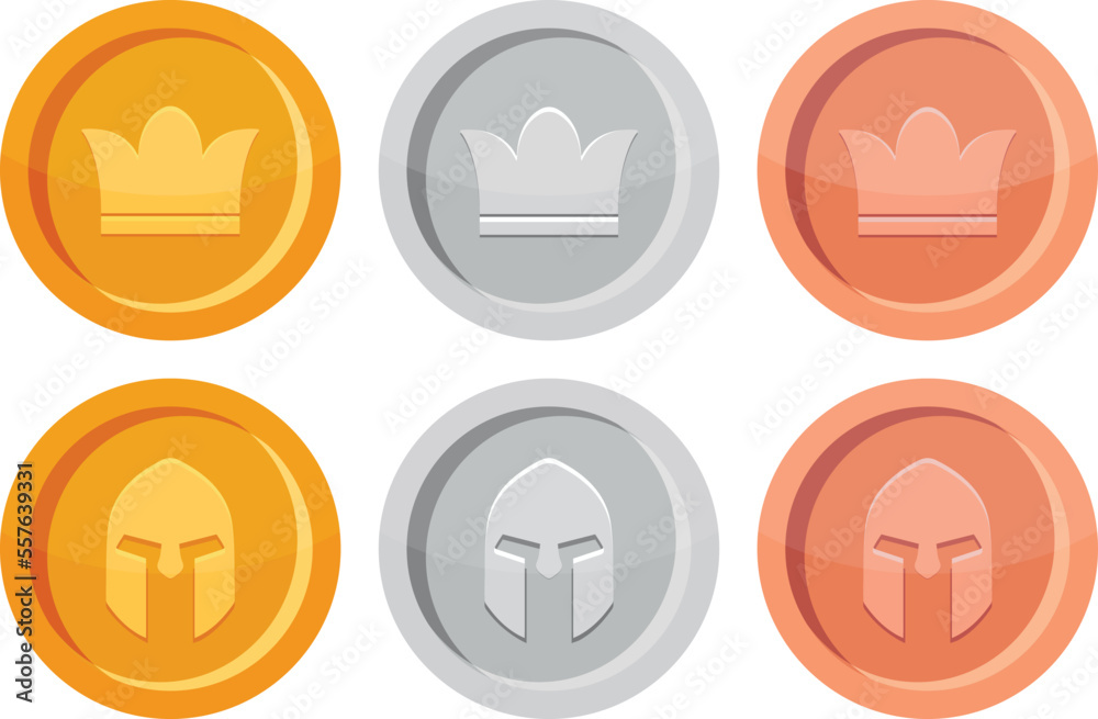 Gold silver and bronze coins with crown and old helmet icon, heart coin ...