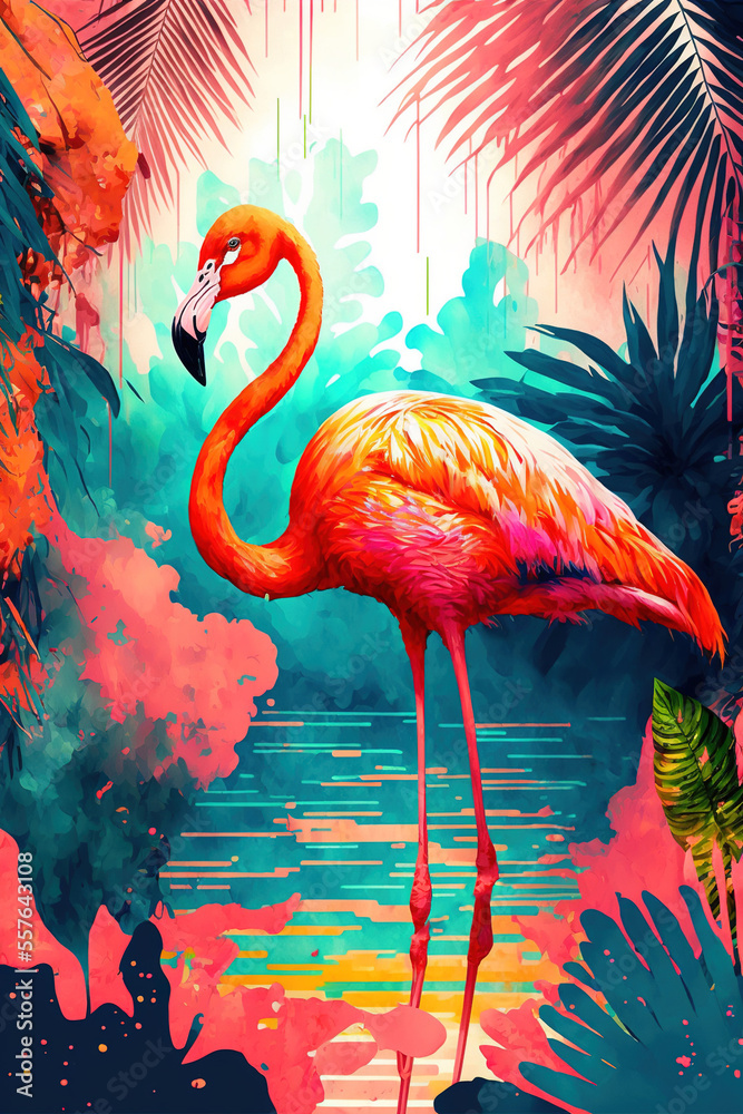 digital watercolor painting of a flamingo in the middle of tropical ...