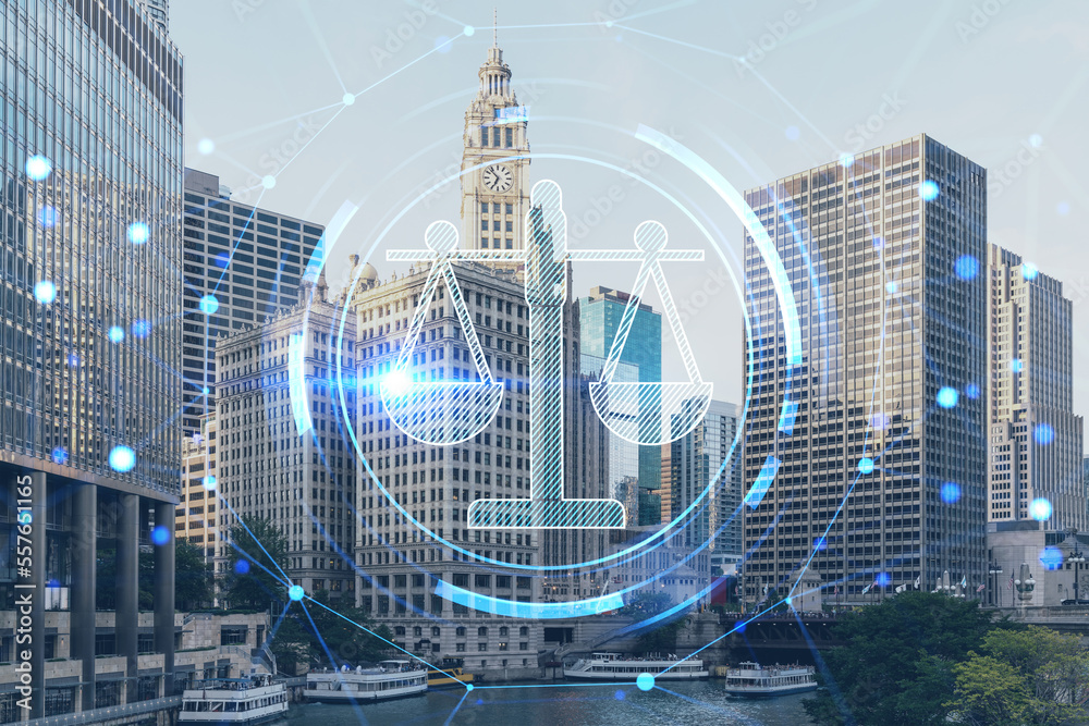 Fotka „Panorama cityscape of Chicago downtown and Riverwalk, boardwalk ...