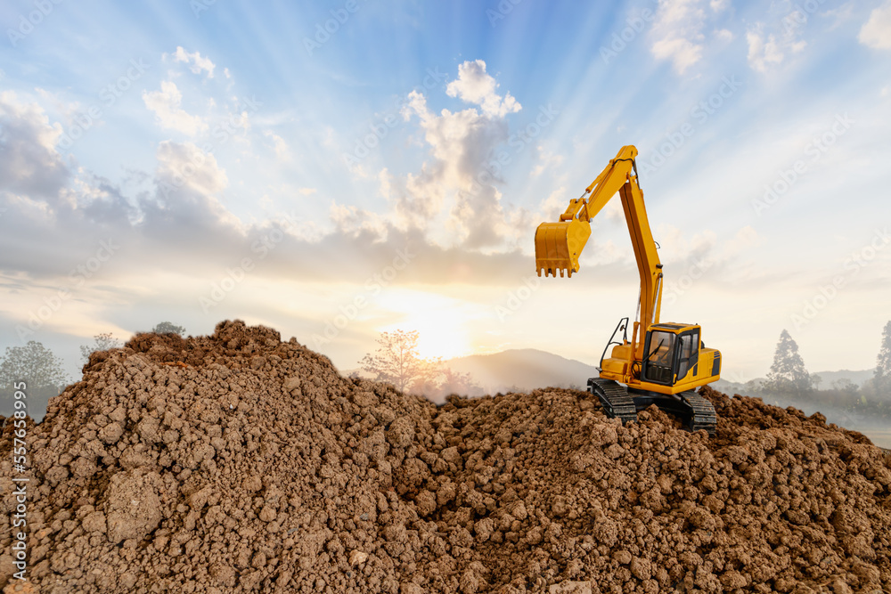Crawler Excavators are bucket lift up in the construction site on the ...