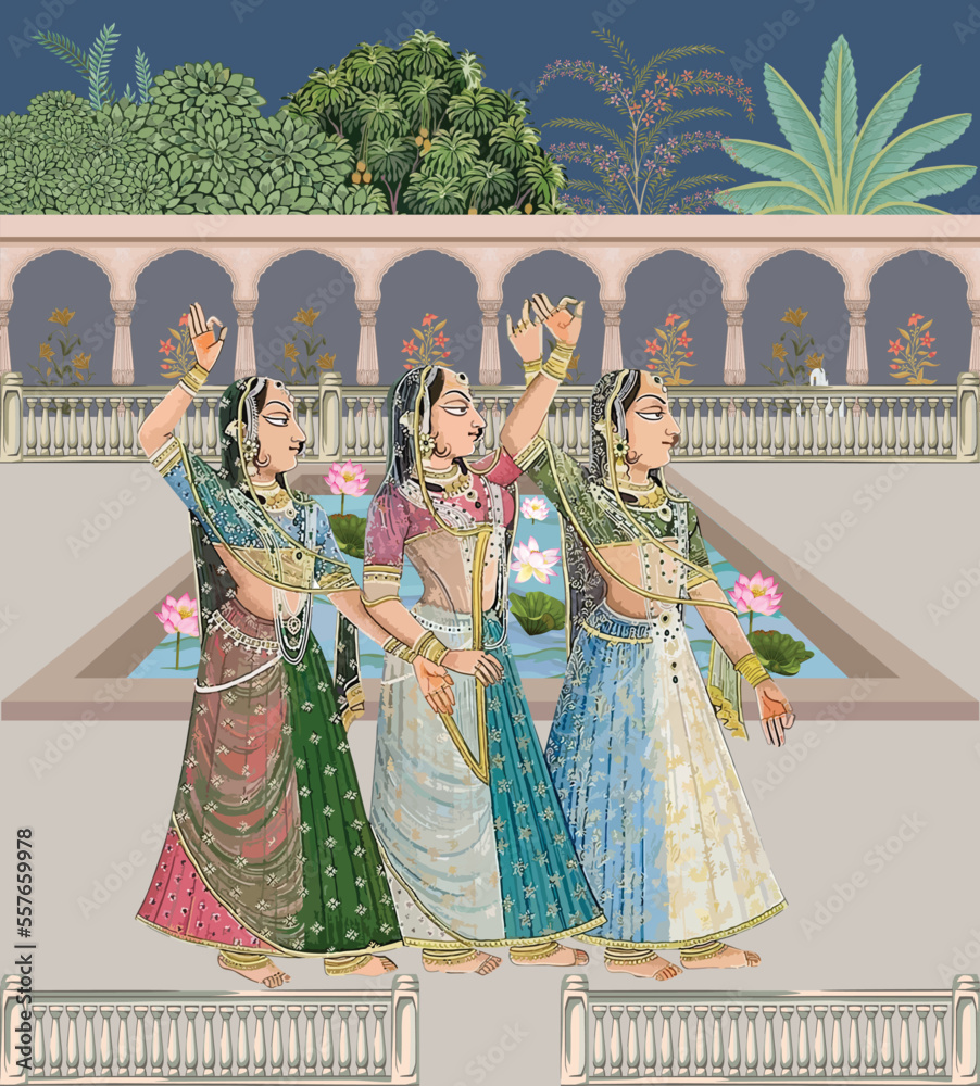 Traditional Mughal dancing queen, courtesan, lady in a garden palace ...