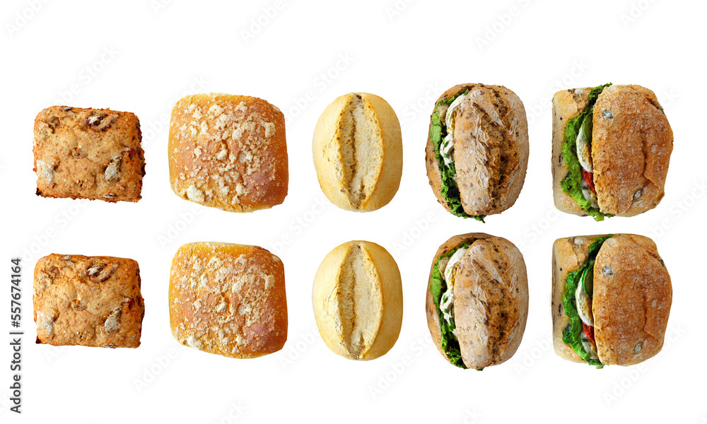 Top view of composition with bread, loaf, wholegrain sandwich isolated ...