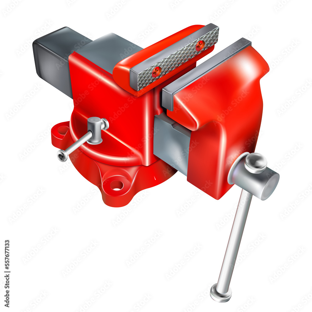 Realistic Heavy Duty bench vise on swivel base. 3D Metal red vice ...