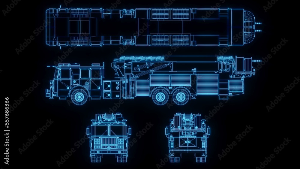3d rendering illustration fire truck Fire engine blueprint glowing neon ...