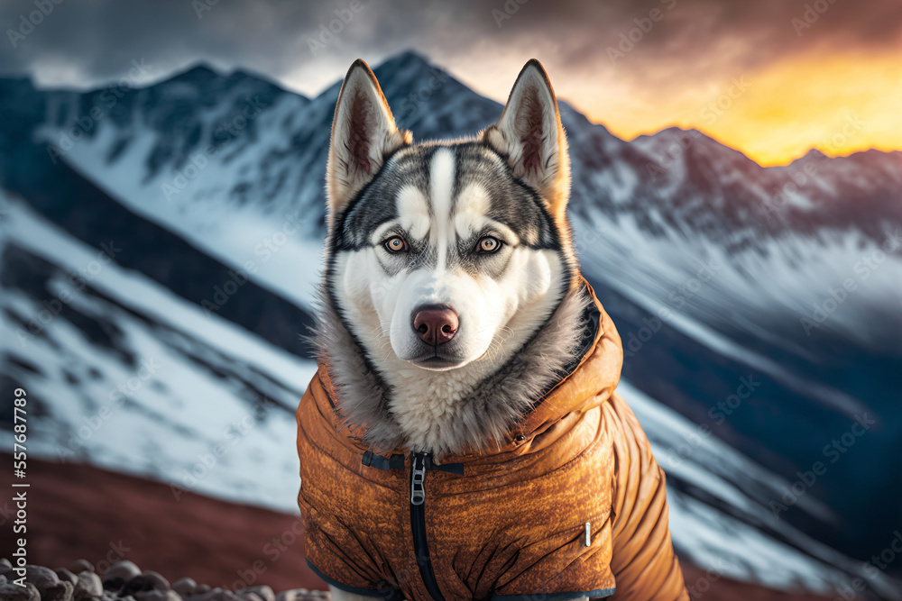 Siberian Husky dog breed wearing orange jacket during winter with ...
