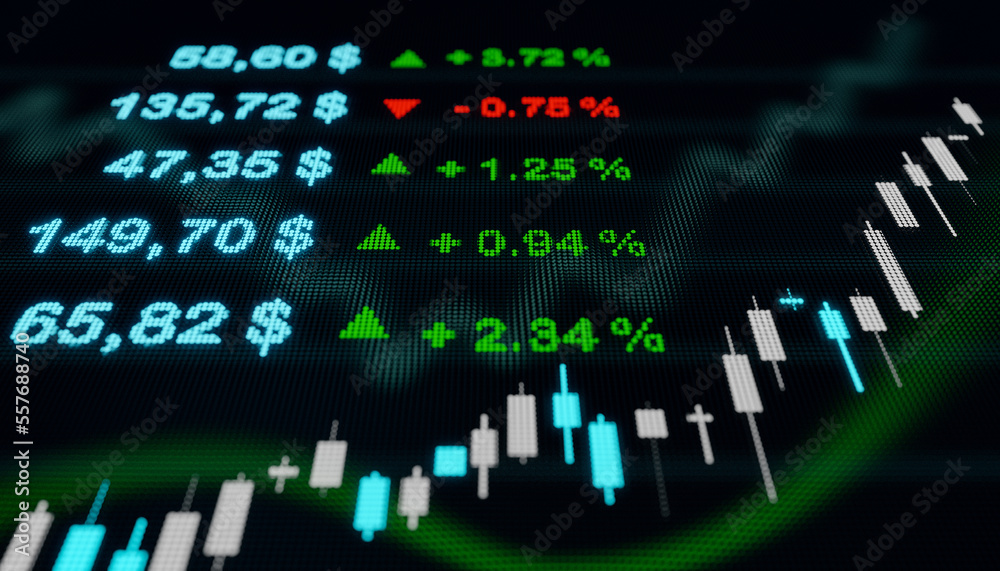 Candlestick chart, financial figures with US dollar sign and ...