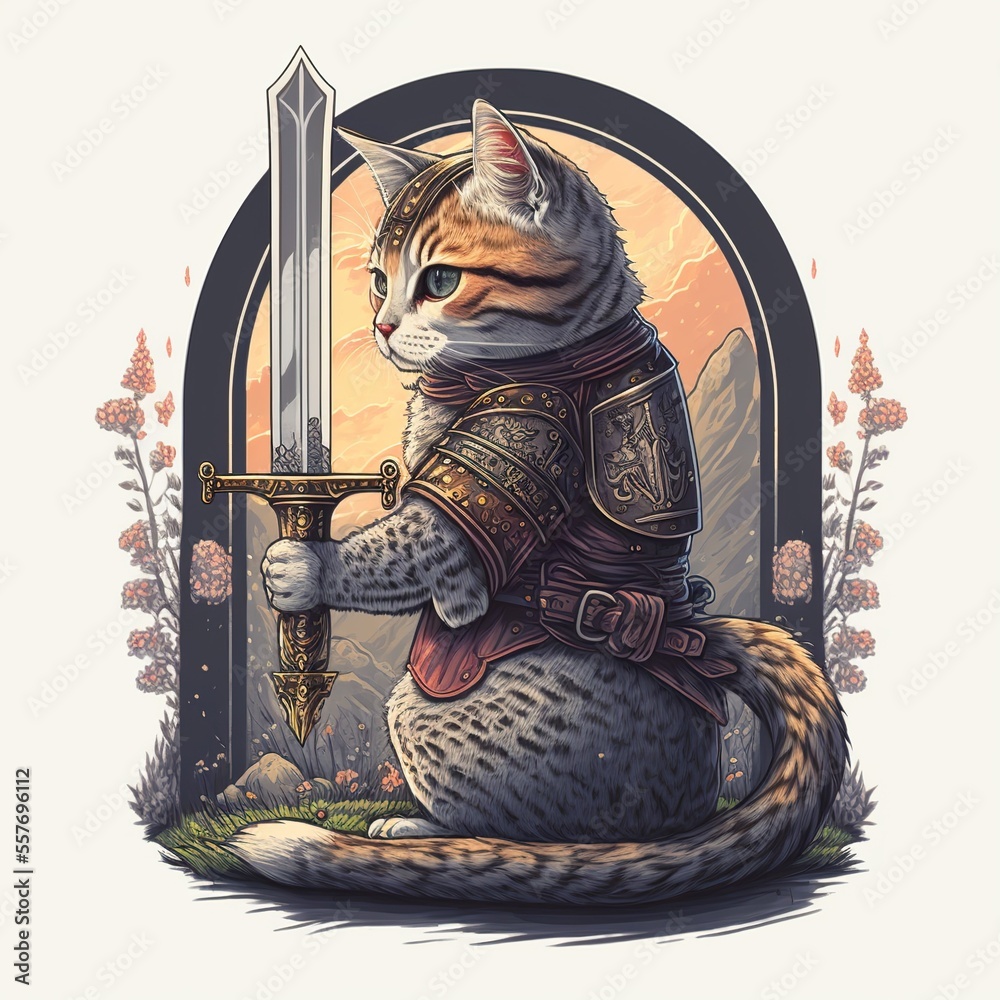 Kitty knight with a sword in the style of medieval illustration ...