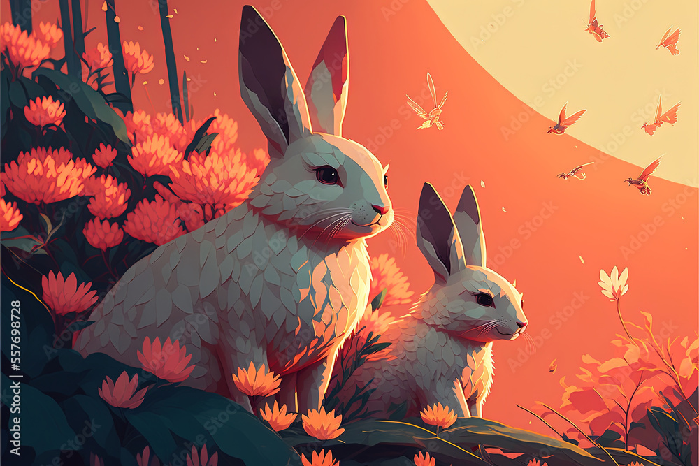 Rabbit with fireworks celebrating Chinese new year wallpaper background ...