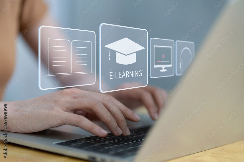 e-learning concept, education online with webinar, video tutorial ...