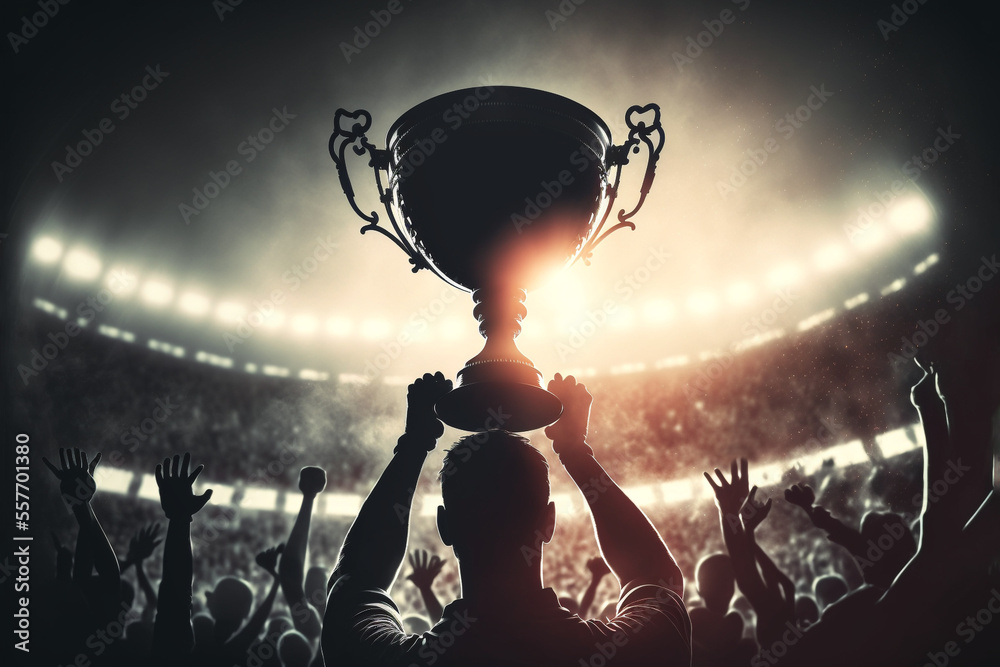 Silhouette of a man holding a trophy in a stadium with cheering crowd ...