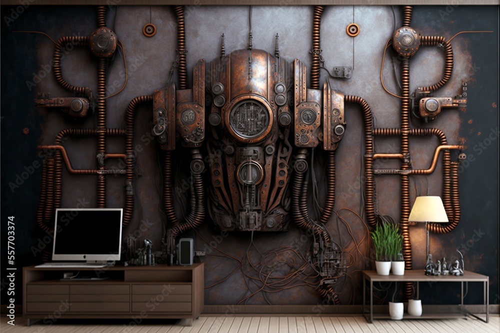 Futuristic biomechanical sci-fi interior with texture wall and plants ...