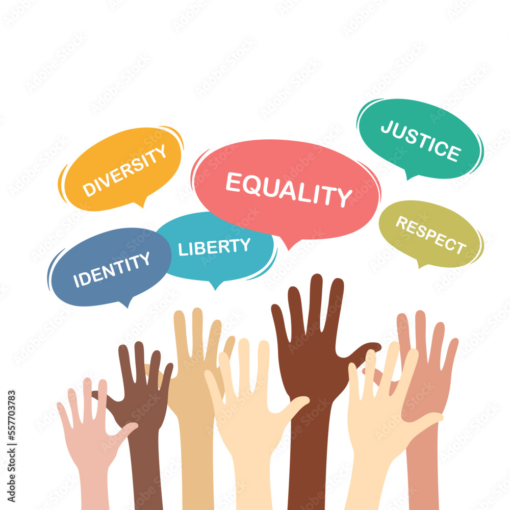 People raise their hands to demand rights. Diversity, Equality, Justice ...