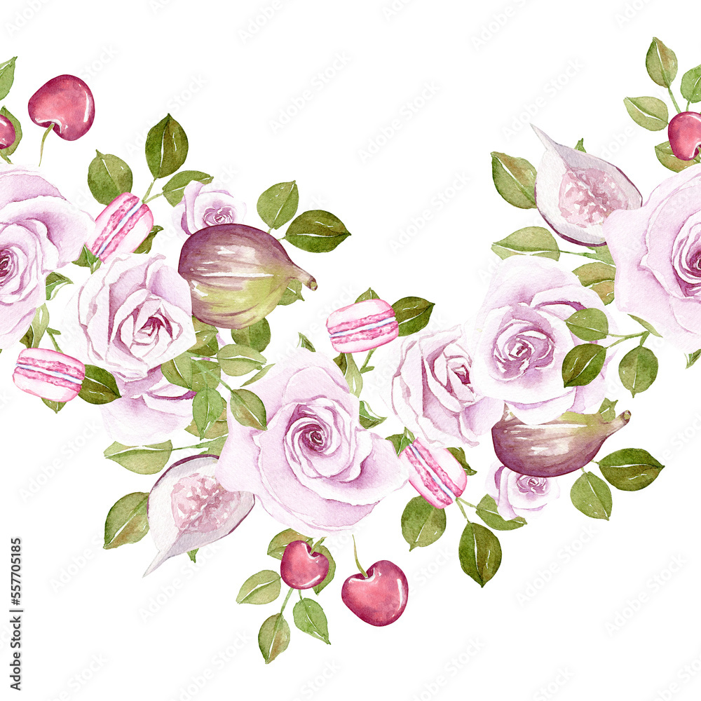 Watercolor floral border, seamless pattern with violet roses, figs ...