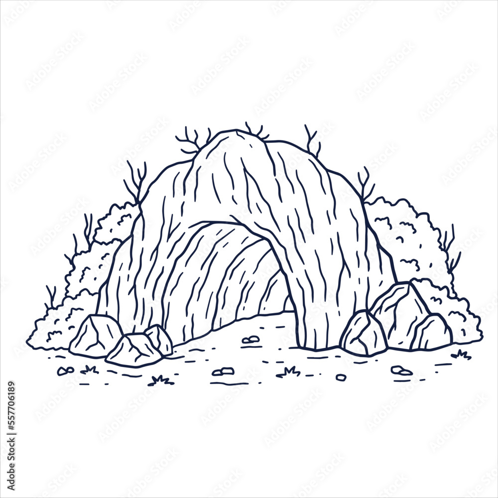 Entrance to cave. Stone mountain with underground dungeon. Hand drawn ...