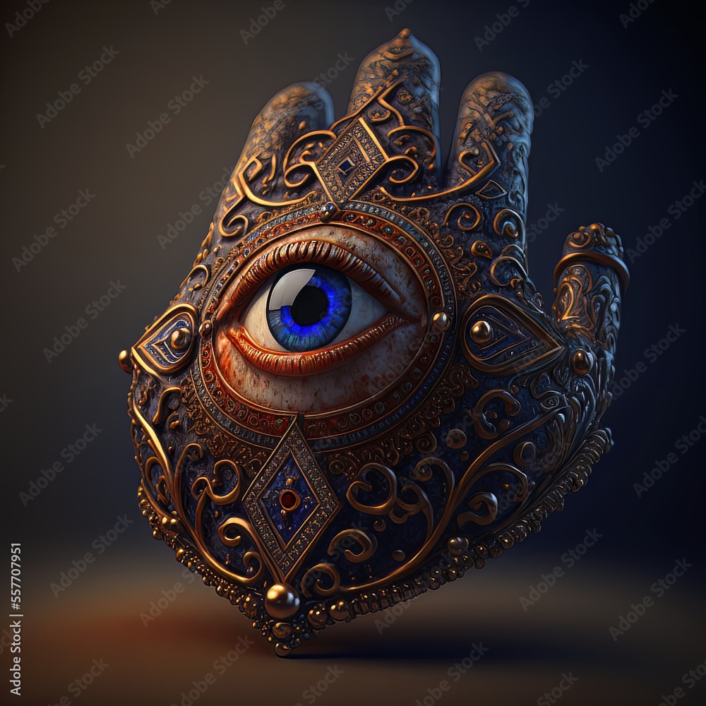 3d render of Evil eye bead inside of a hand. The religious symbol of ...