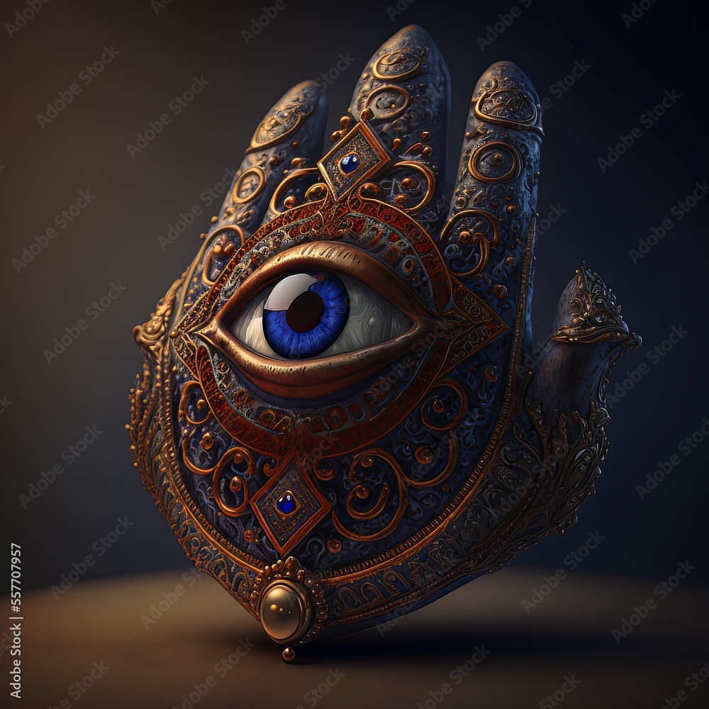 3d render of Evil eye bead inside of a hand. The religious symbol of ...
