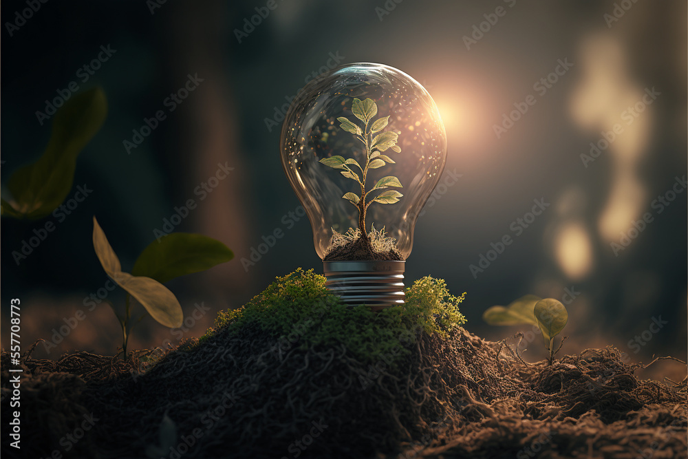 small plant tree with green leaves growing on light bulb with sunshine ...