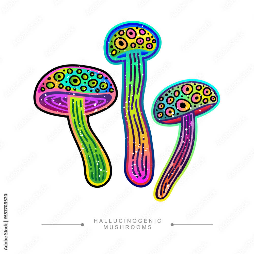 Amazing fly agaric sticker. Stylized image of psilocybin mushroom ...