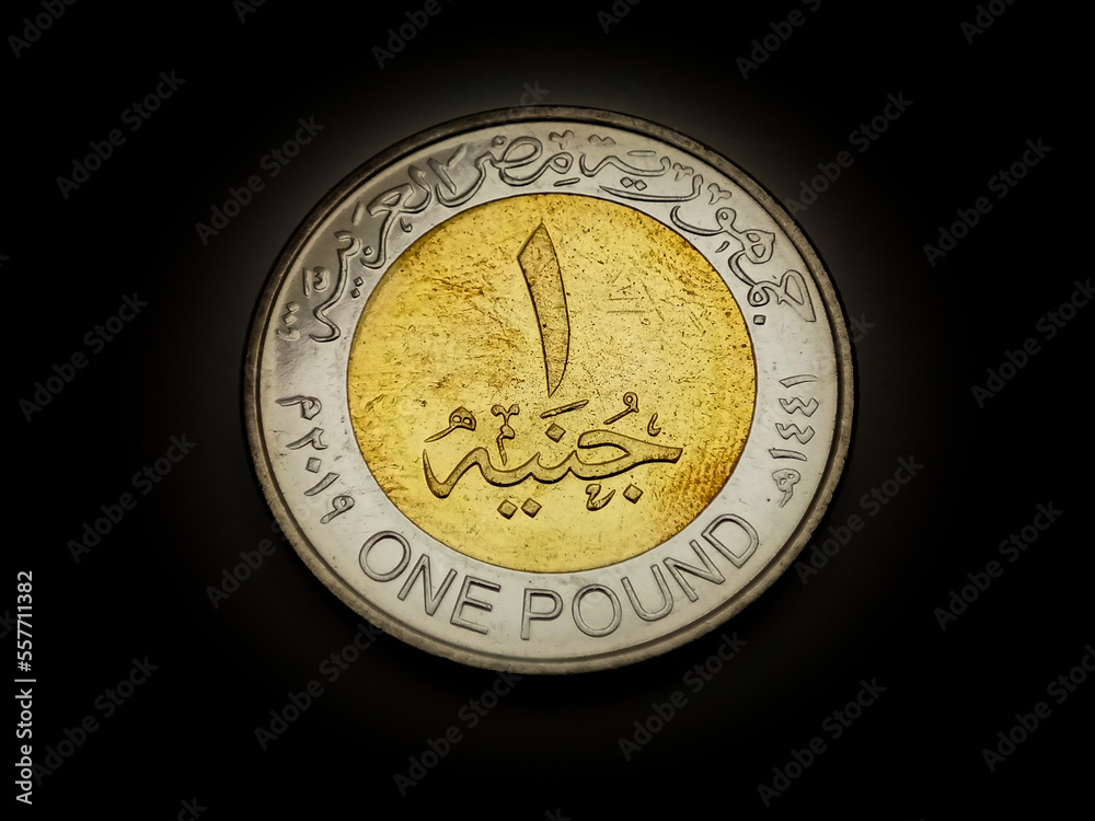 egyptian money coin one pound ,isolated on black background, silver and ...