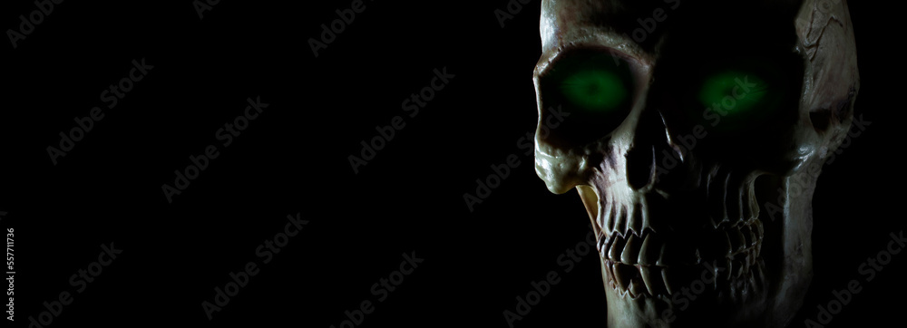 Green eyed human skull with copy space Stock Photo | Adobe Stock