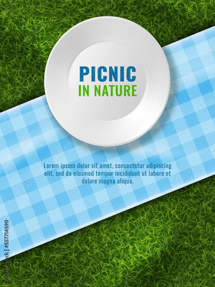Summer picnic. Party invitation poster design. Empty plate on green ...