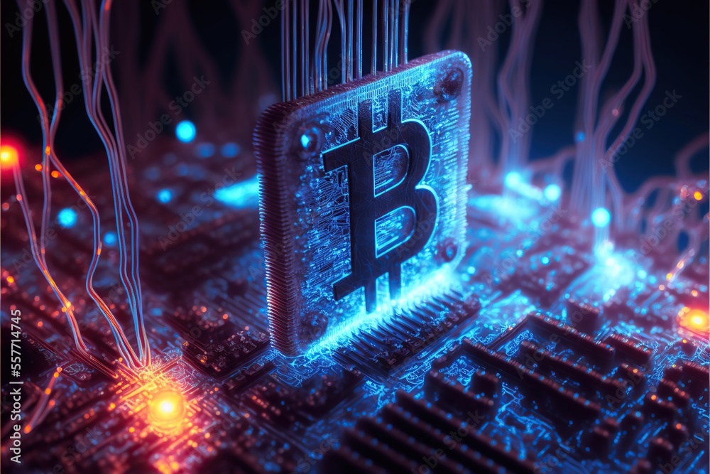 Abstract frozen bitcoin circuit with futuristic design. Created with ...