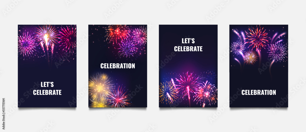 3D firework posters. Sky fire flashes. Holiday party. Night celebration ...
