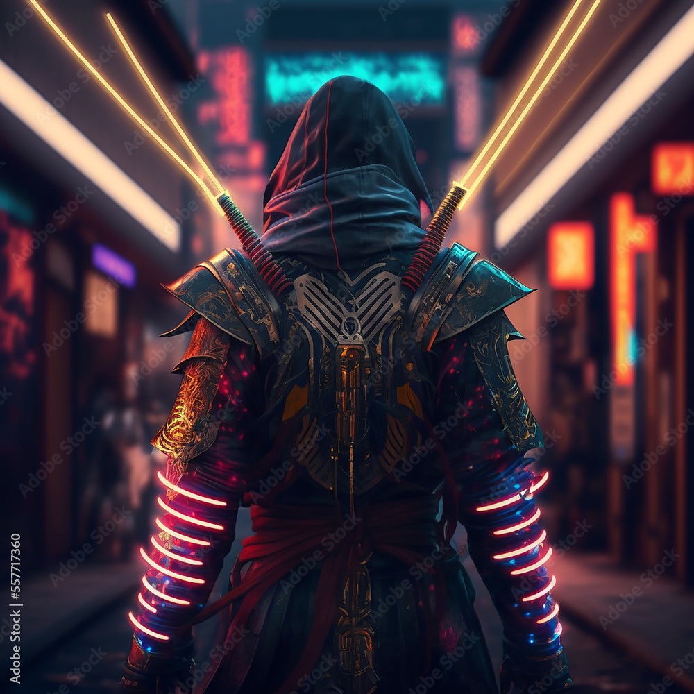 a photograph of a cyberpunk samurai wielding a katana made of light ...
