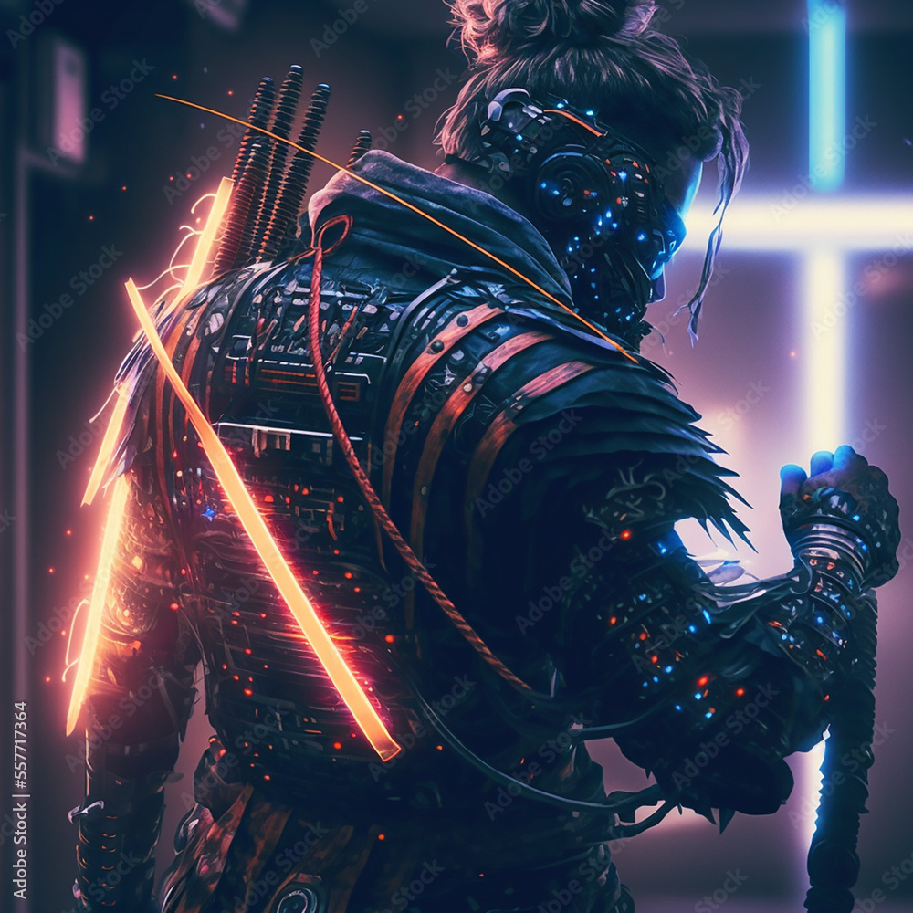 a photograph of a cyberpunk samurai wielding a katana made of light ...