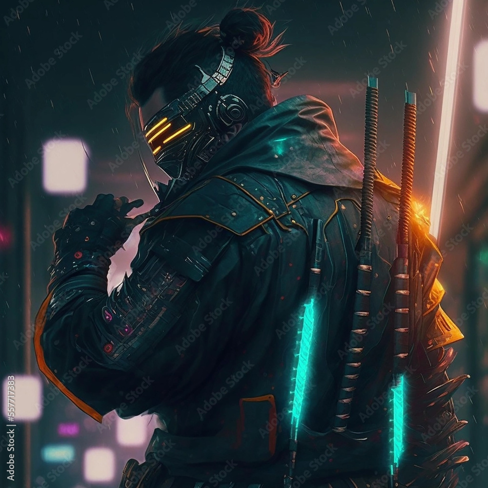 a photograph of a cyberpunk samurai wielding a katana made of light ...