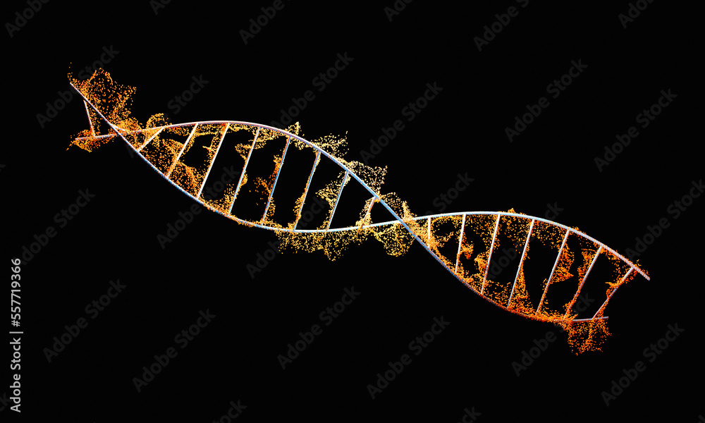 DNA or RNA helix structures. Blue DNA strand with orange particles ...