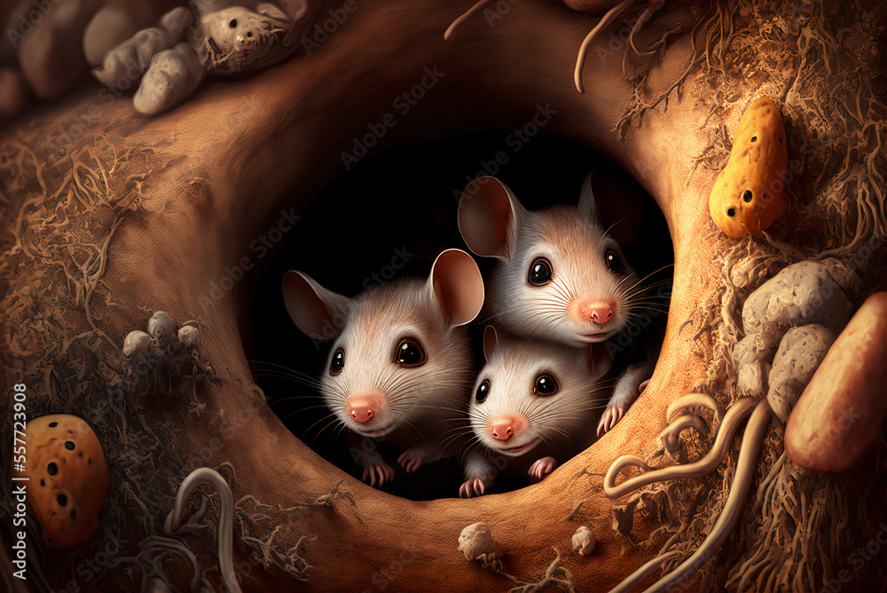 Cute mice in a hole scene Ai generative Stock Illustration | Adobe Stock