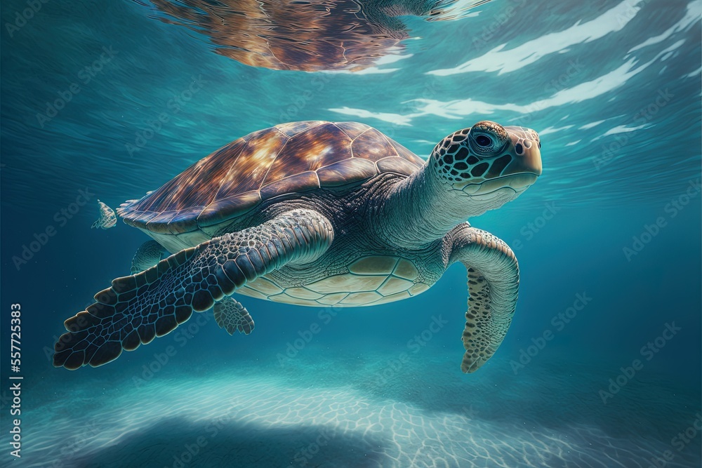 Turtle swimming in the ocean, with crystal clear water, Stock ...
