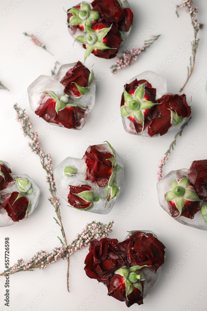 cold ice in the shape of a heart with red roses and buds inside on a ...
