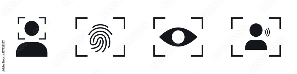 Biometrics authentication icons. Face, eye, fingerprint and voice ...