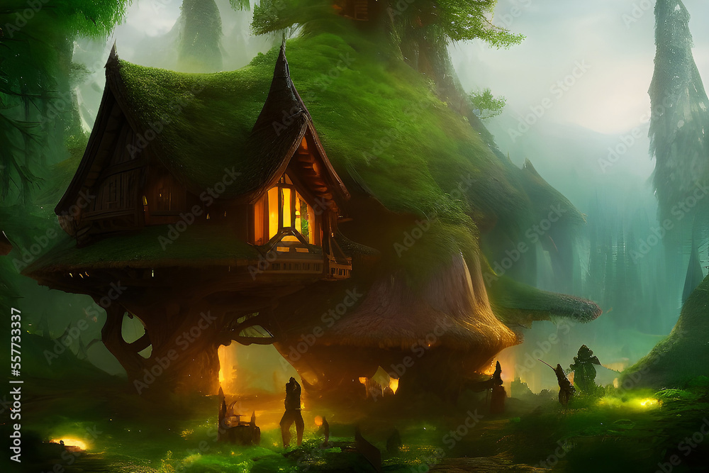 Fantasy elven treehouses cinematic wallpaper concept art. Stock ...