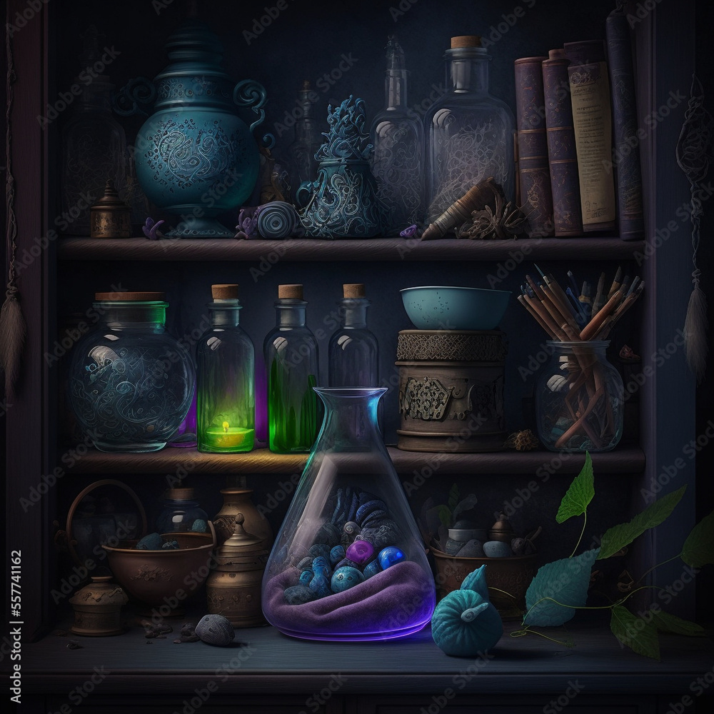 An old shelf with magic objects, potions and some magical books on it ...