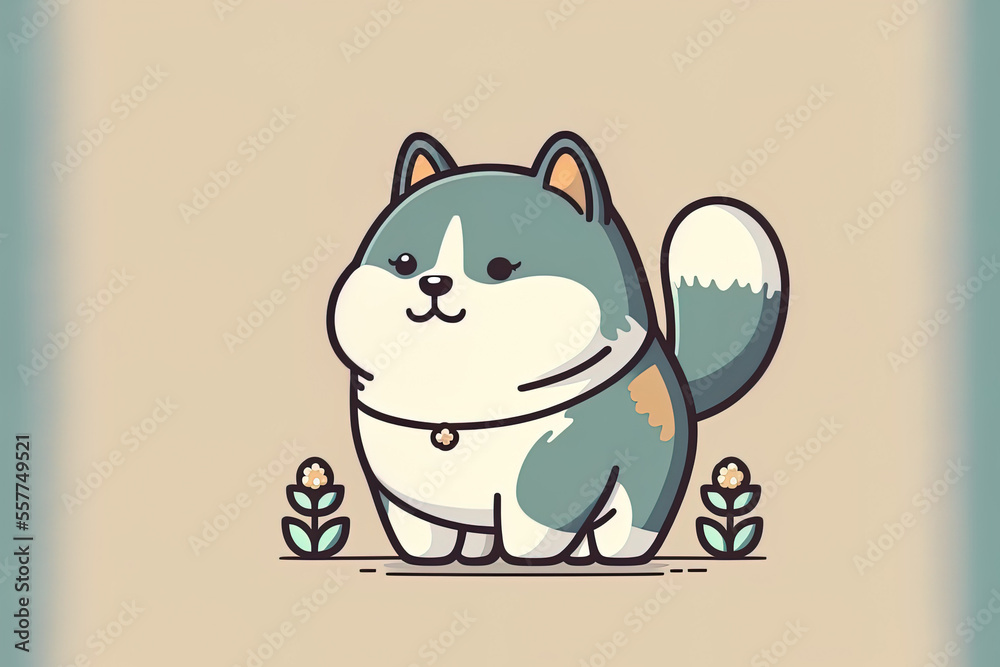 Cute chubby husky cartoon icon drawing, an animal and a piece of nature ...