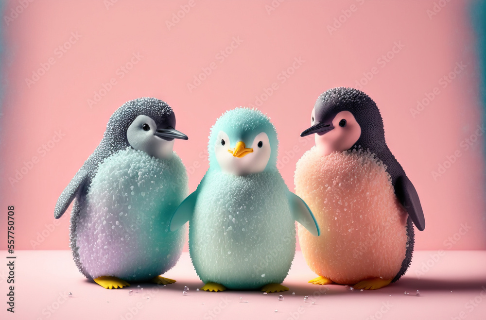 three little penguins are standing next to each other on a pink ...