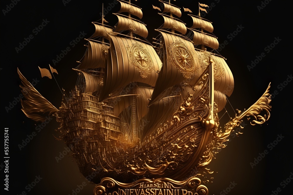 Pirate sailing ship gold and silver logo in Neverland with black ...