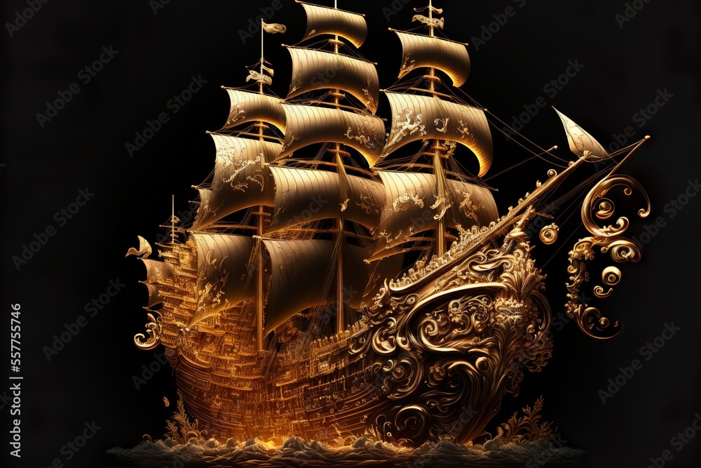 Pirate sailing ship gold and silver logo in Neverland with black ...