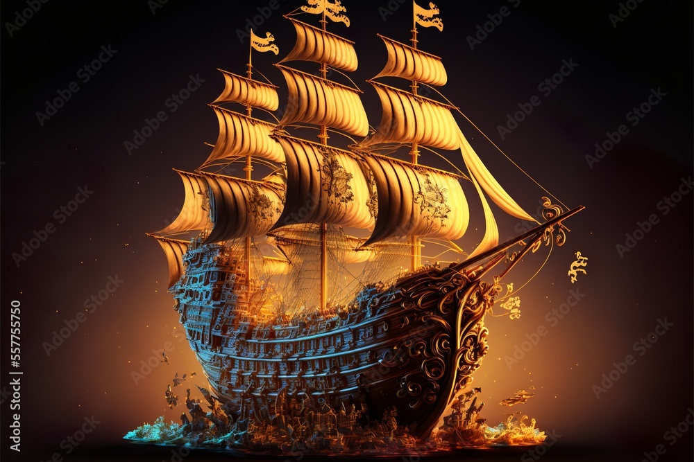 Pirate sailing ship gold and silver logo in Neverland with black ...
